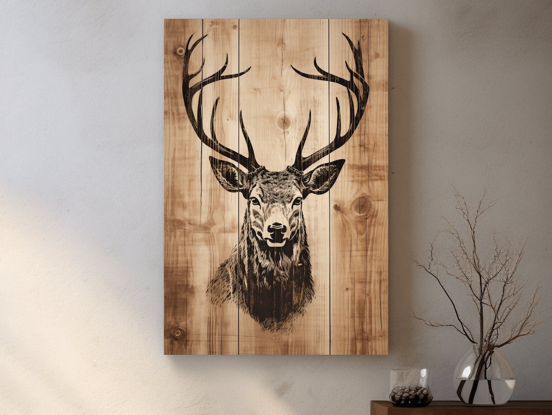 Wood Burning Style Art, Deer Head on Wooden Panels - Canvas Print ...