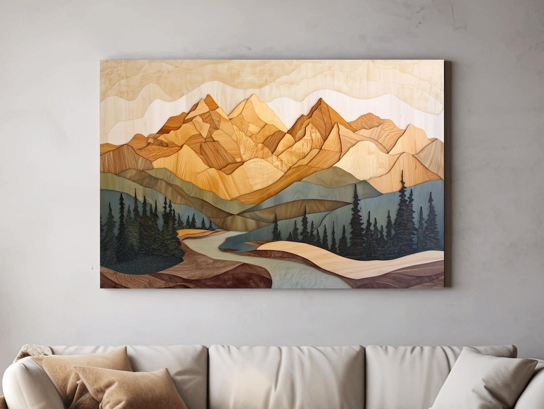 Alpine Forest Mountain Artwork, 3d Layered Wood Intarsia Style Art ...