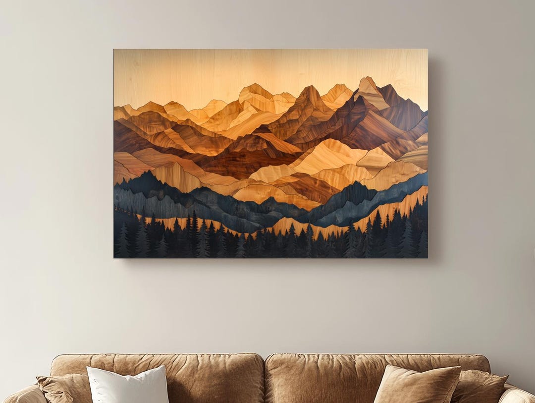 Layered Woodcut Intarsia Mountain Range Landscape - Peaks and Pine ...