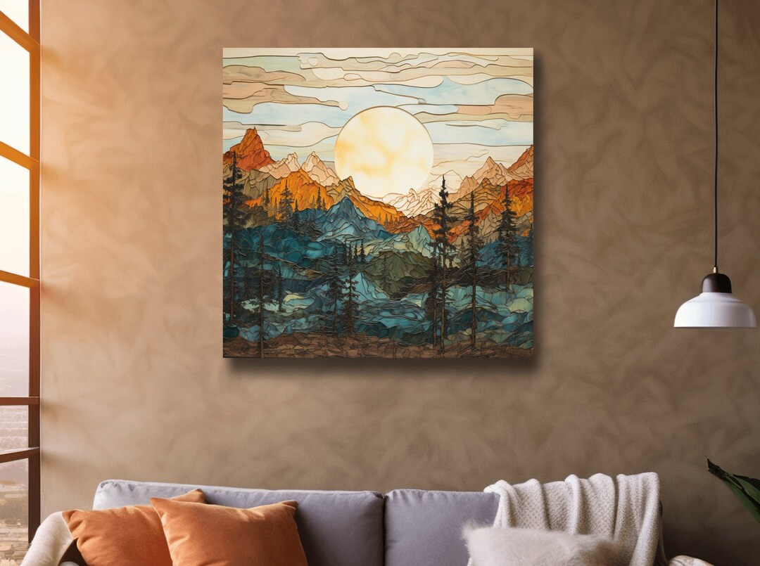 Sunset Over the Alpine Forest Mountain Art, Leadlight Stained Glass ...