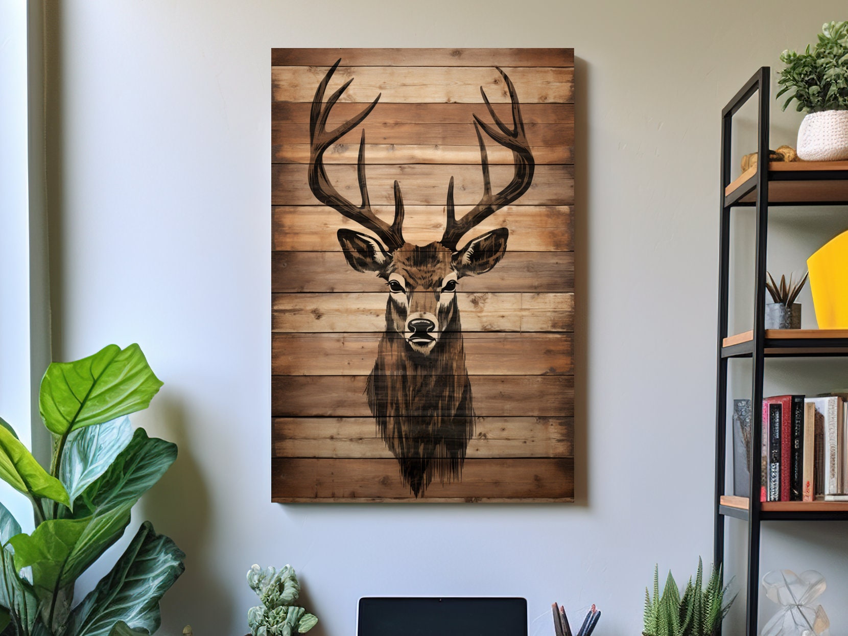 Wood Burning Art, Deer Head on Wooden Panels Canvas Print Wrapped on ...