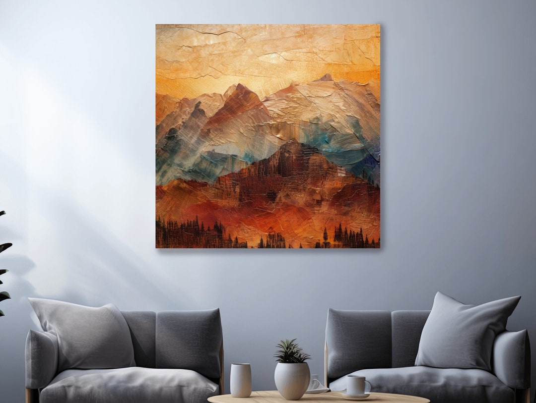 Rustic Textured Painting Effect Artwork of Mountains at Sunset - Canvas ...