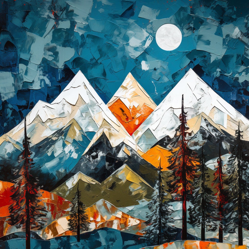 Bold Thick Impasto Oil Painting, Trees and Snow Capped Mountains Canvas ...