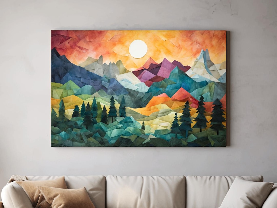 Abstract Alpine Mountain Sunset Artwork - Vibrant Patchwork Mosaic Wall ...
