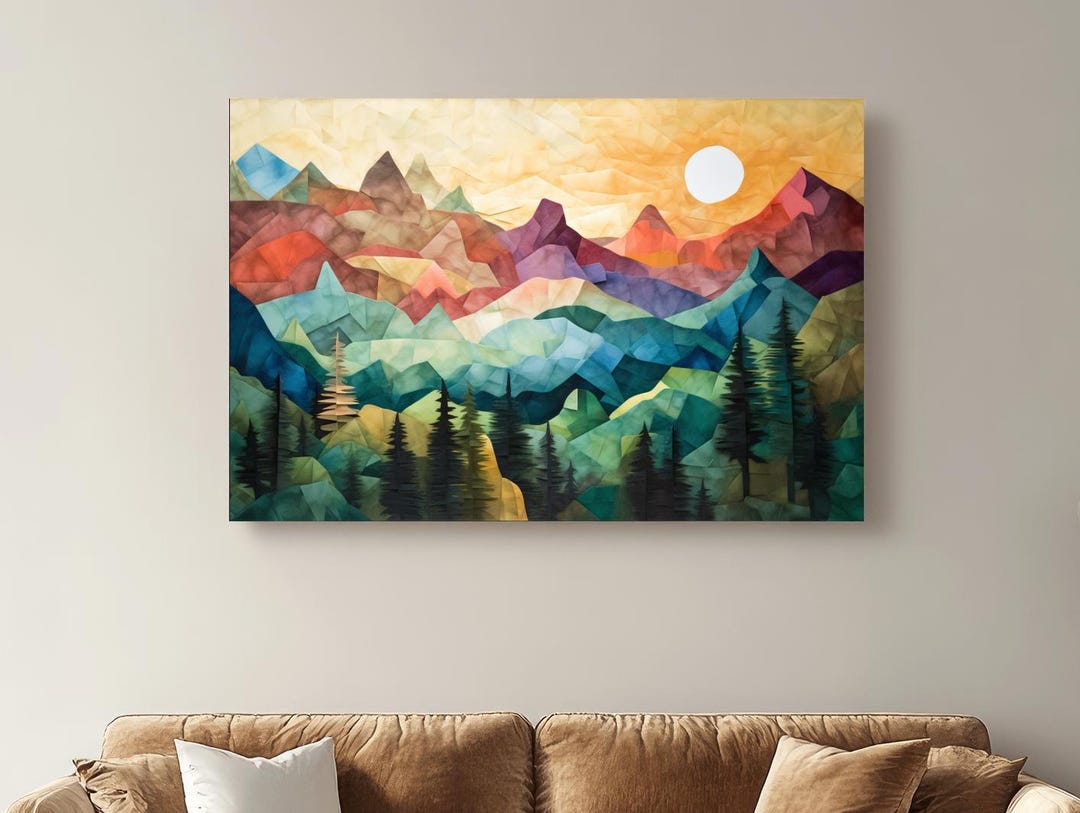 Abstract Sunset Mountain Canvas - Vibrant Patchwork Mosaic Art - Canvas ...