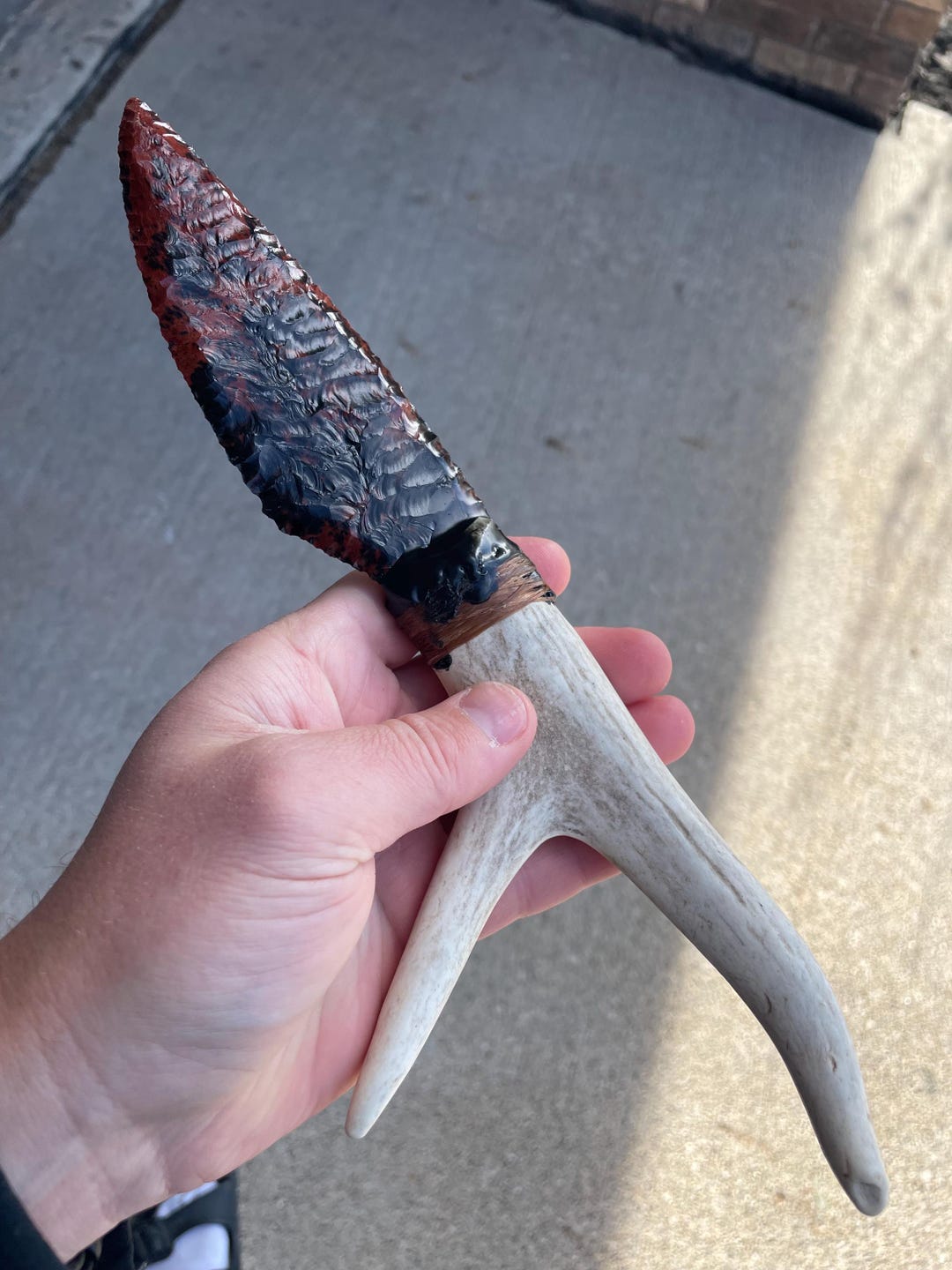 Mahogany Obsidian Stone Knife: Primitive Antler Handle, Display Piece ...