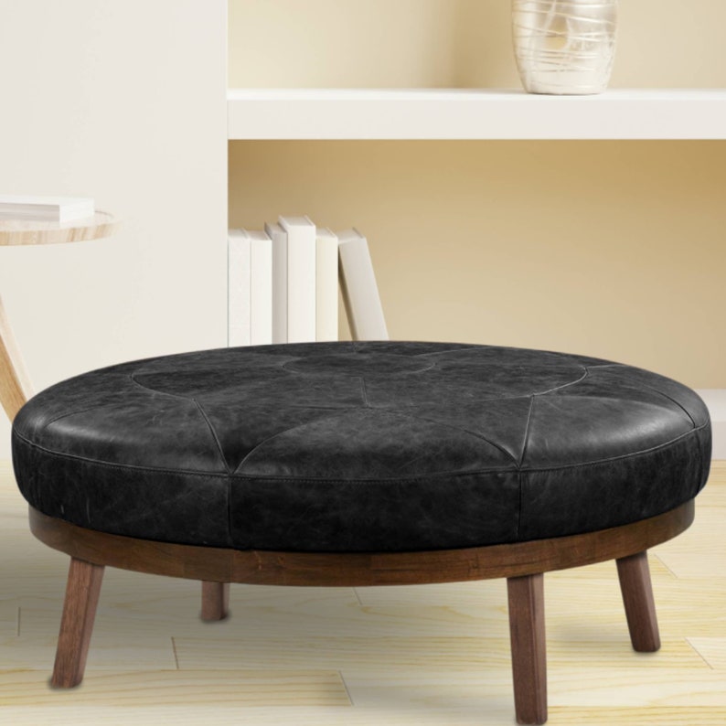 Black Leather Stool Cushion, Round Moroccan Pouf, Stool Wood, Leather ...