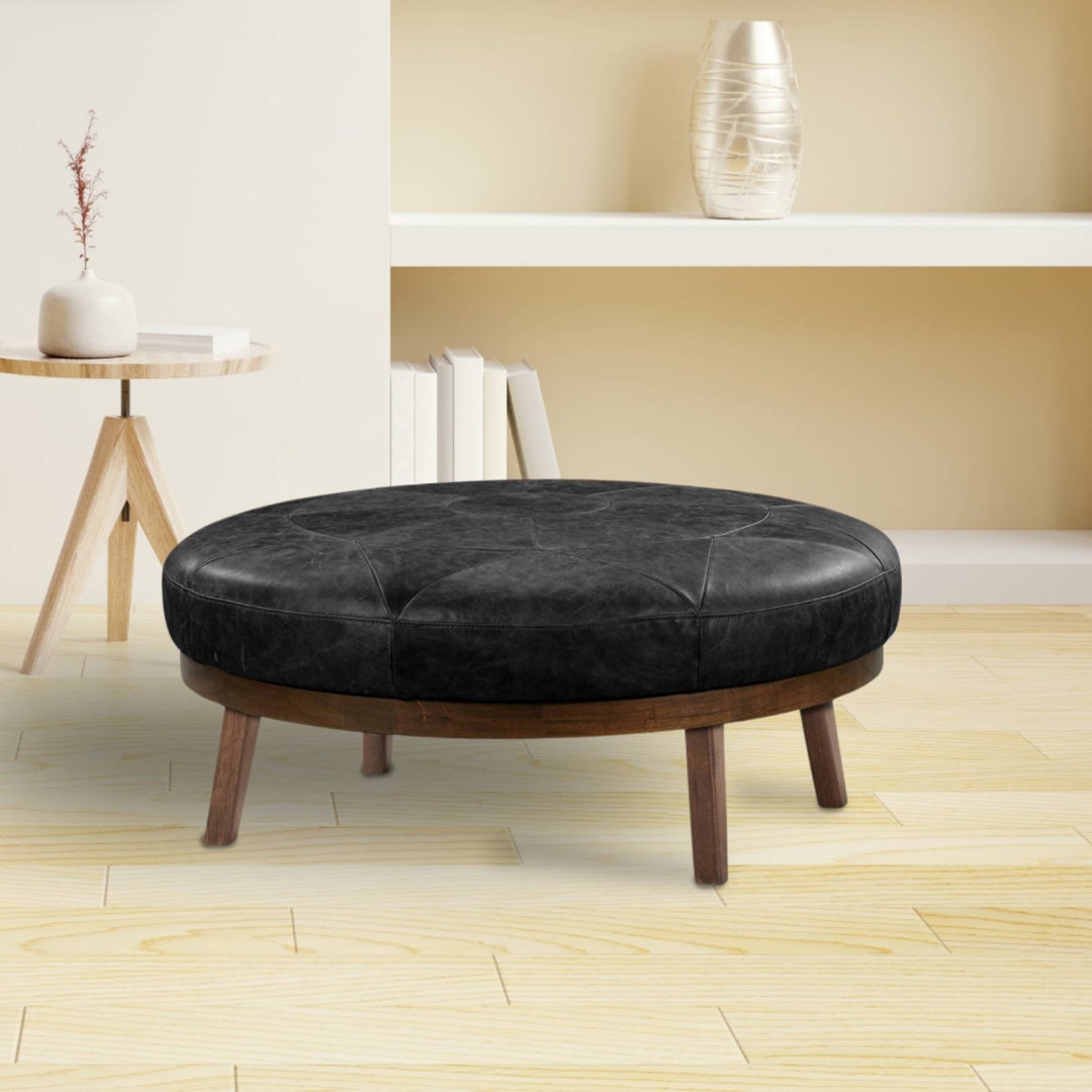 Black Leather Stool Cushion, Round Moroccan Pouf, Stool Wood, Leather ...