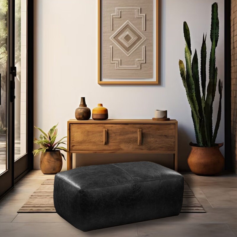 Black Leather Pouf Square Moroccan Leather Pouf Square Ottoman Pouf ...