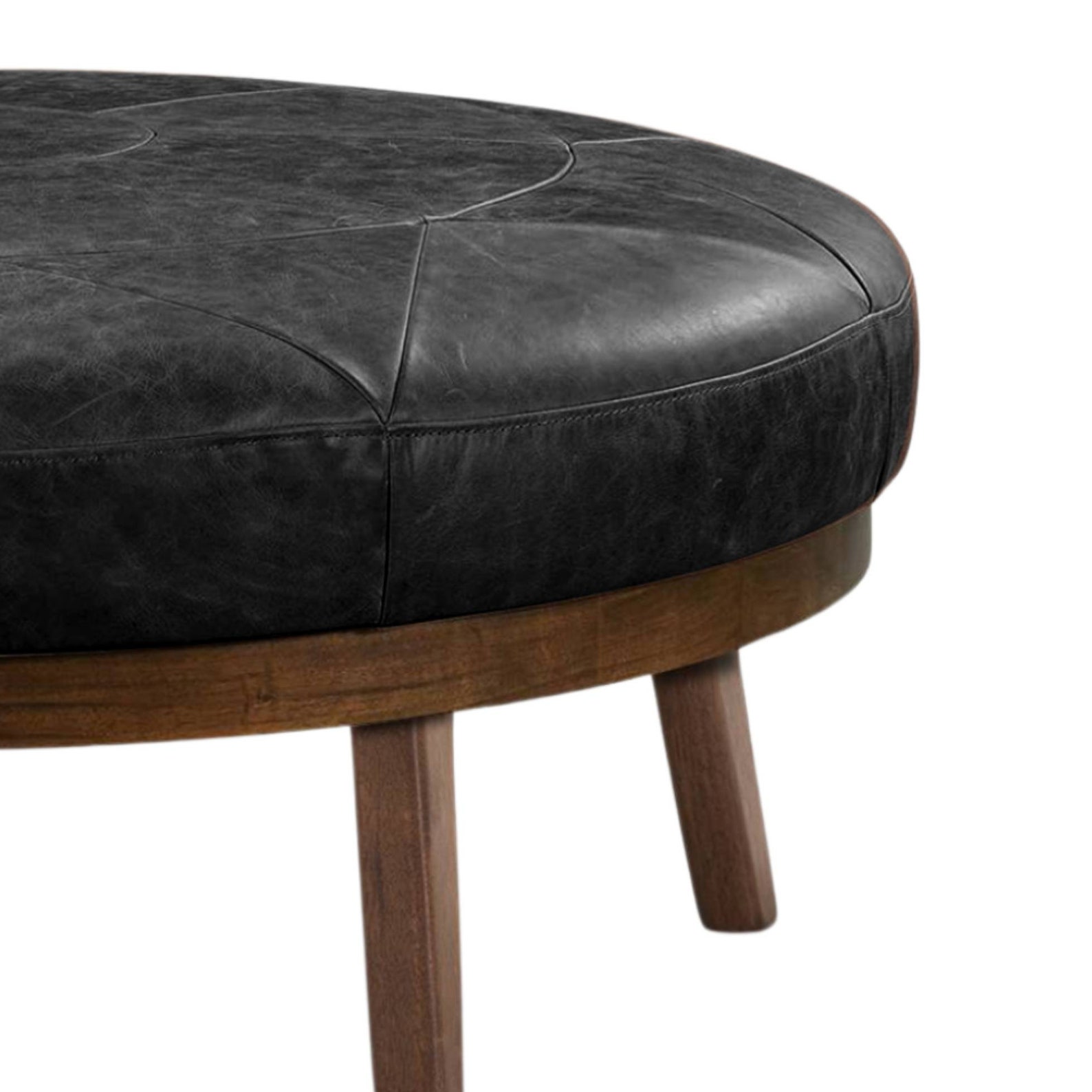 Black Leather Stool Cushion, Round Moroccan Pouf, Stool Wood, Leather ...
