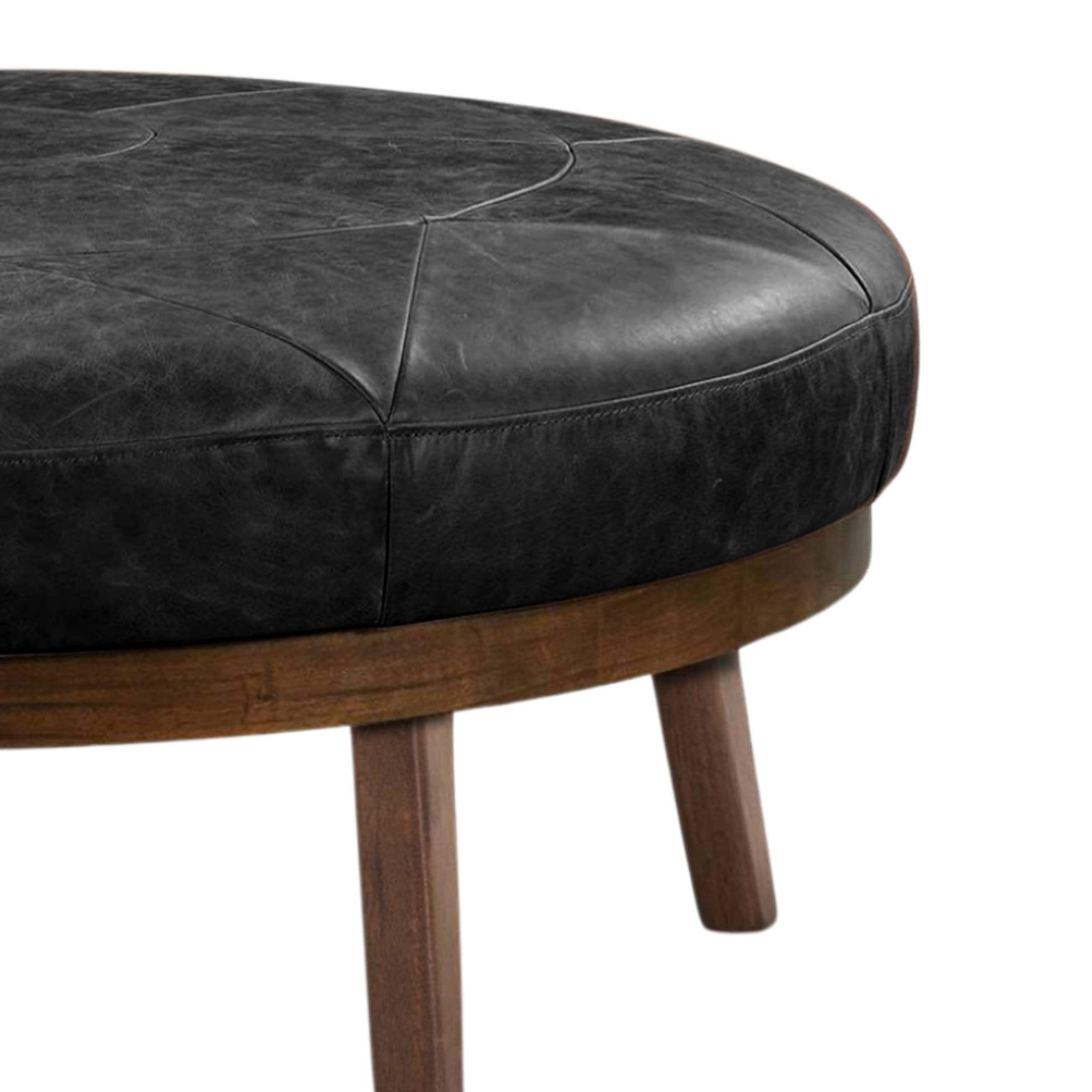 Black Leather Stool Cushion, Round Moroccan Pouf, Stool Wood, Leather ...