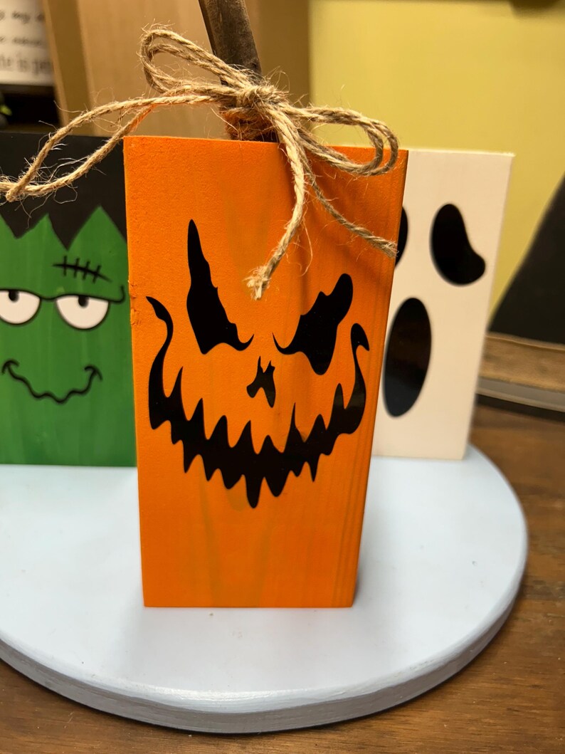 Wooden Halloween Face Decor: Ghost, Jack-o'-lantern, Frankenstein Shelf ...