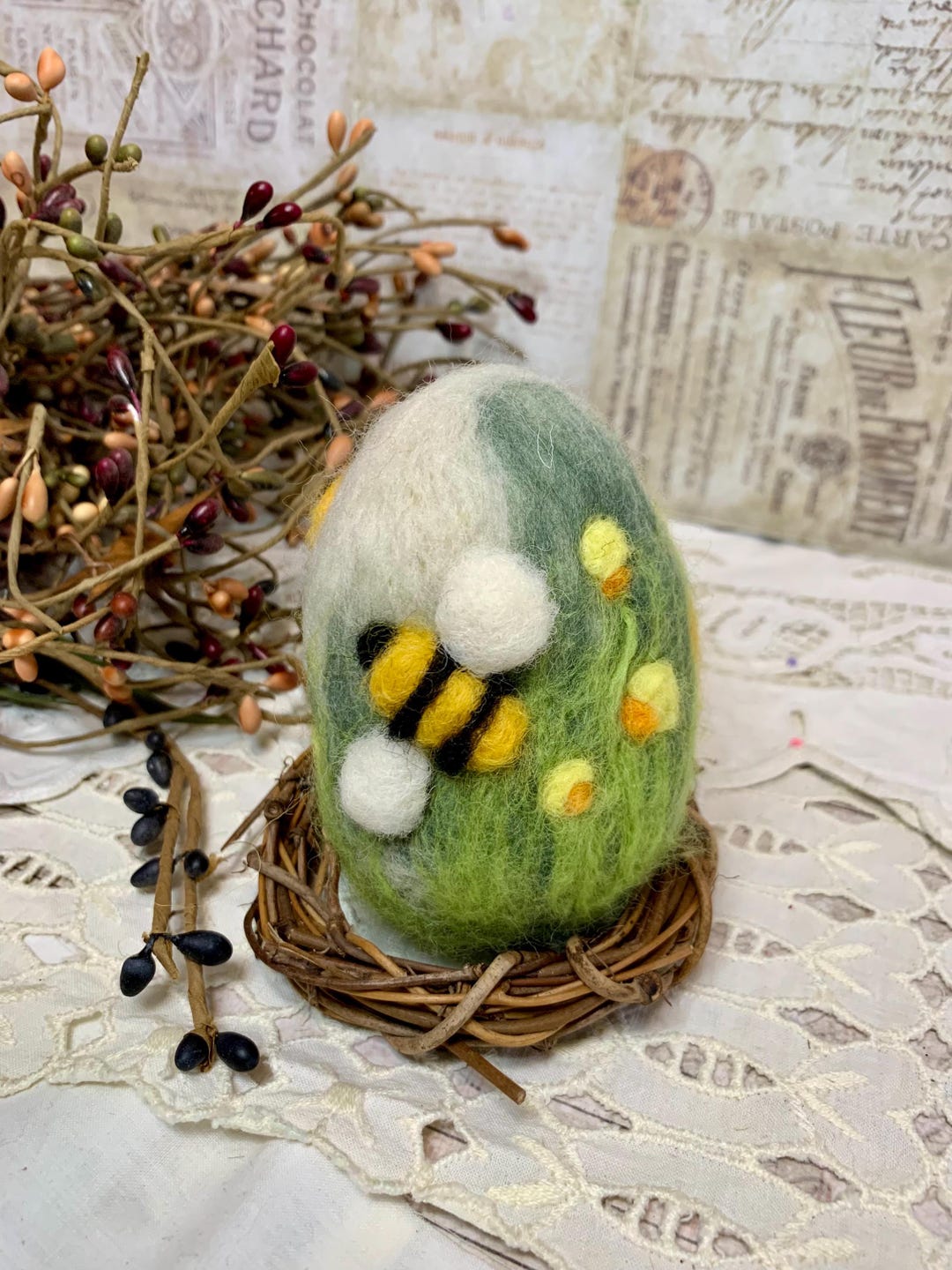 Handmade Wool Felt Easter Egg: Floral Bumblebee Ornament - Etsy