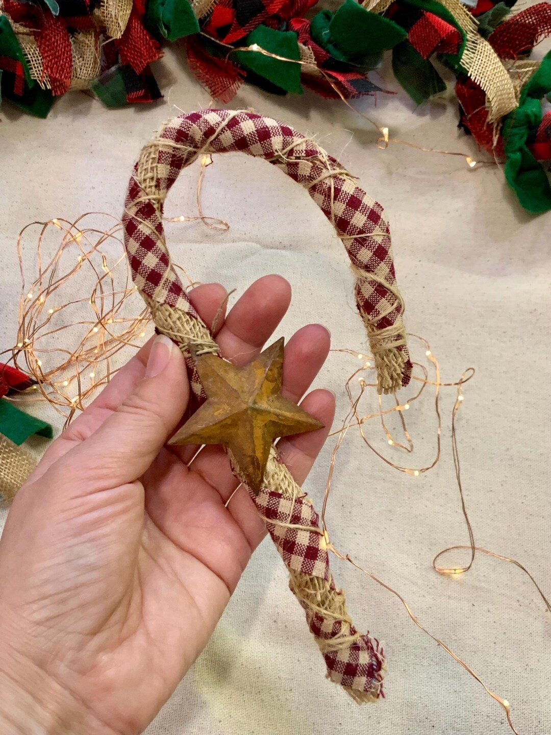 Rustic Homespun Fabric Candy Cane Ornament With Rusty Star (set of 6 ...
