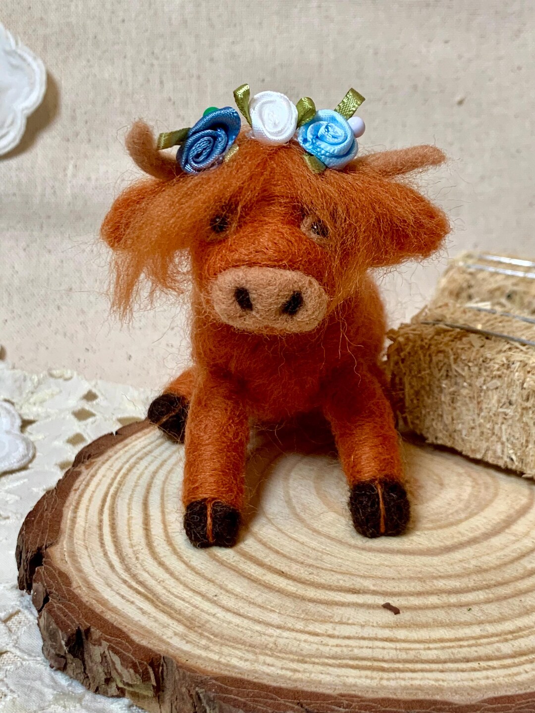 Needle Felted Highland Cow – Handmade Wool Animal Doll – Cute Farmhouse ...