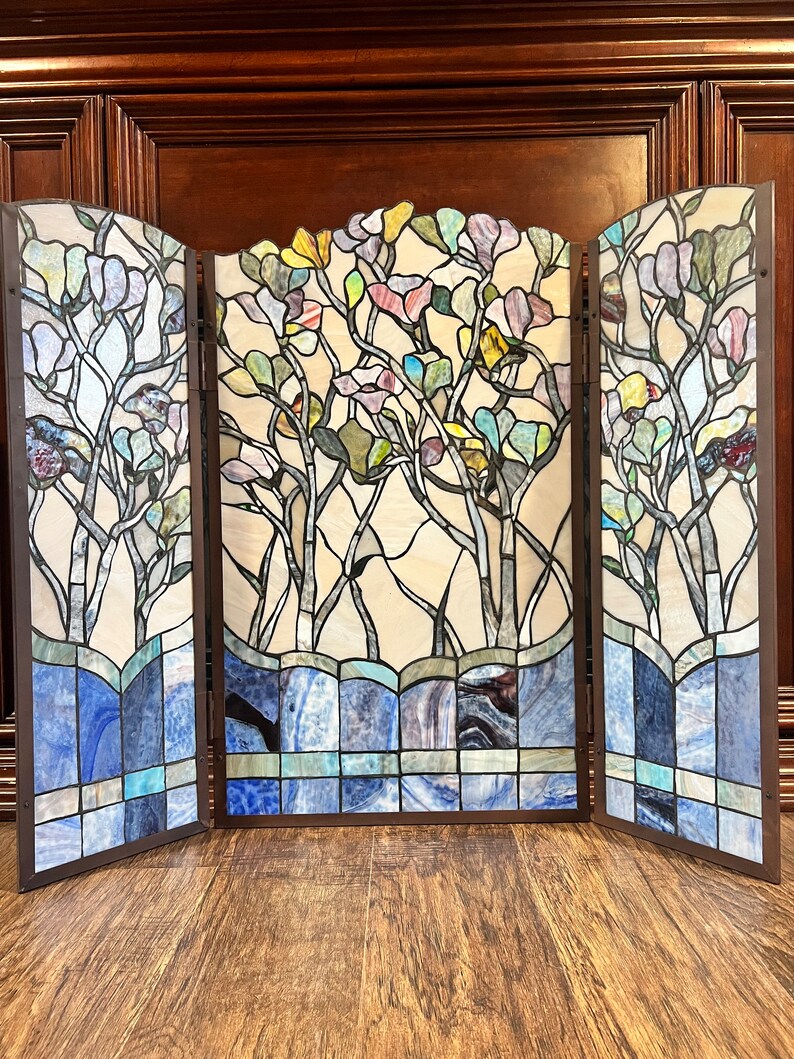 Stained Glass Tiffany Style Fireplace Screen Magnolia Tree With Birds ...