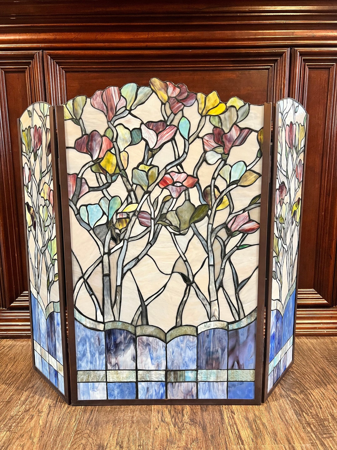 Stained Glass Tiffany Style Fireplace Screen Magnolia Tree With Birds ...