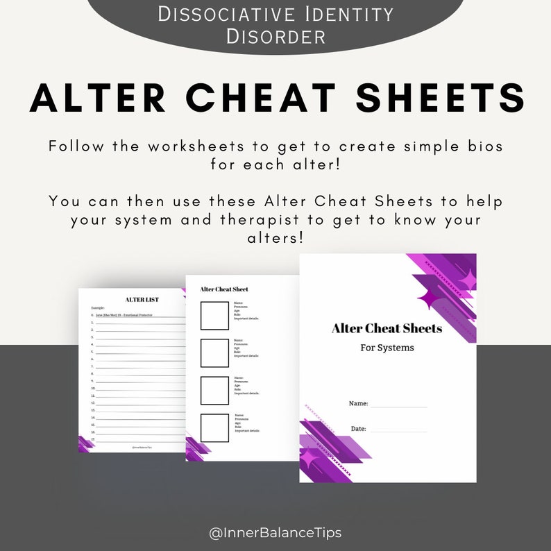 Purple Printable Alter Cheat Sheets for Dissociative Identity Disorder ...