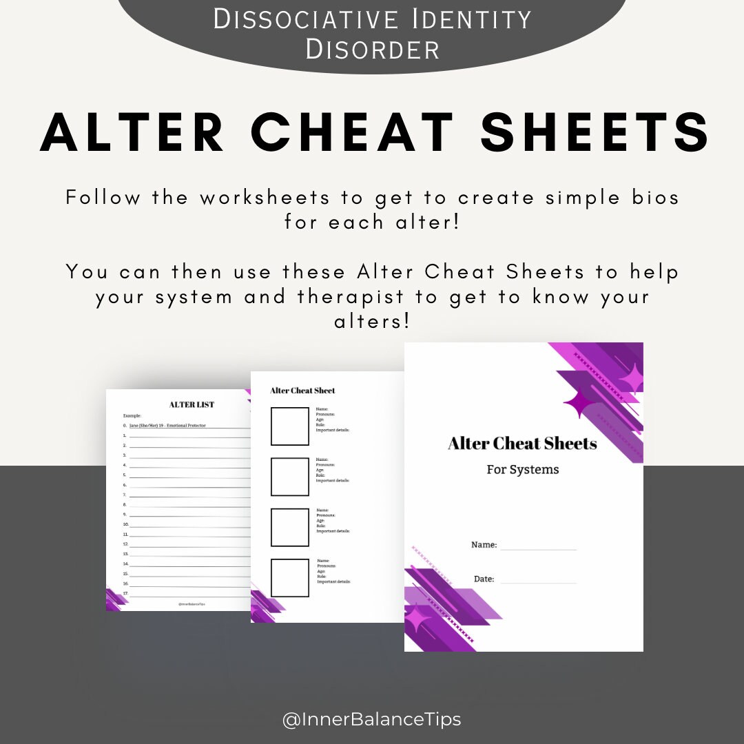 Purple Printable Alter Cheat Sheets for Dissociative Identity Disorder ...