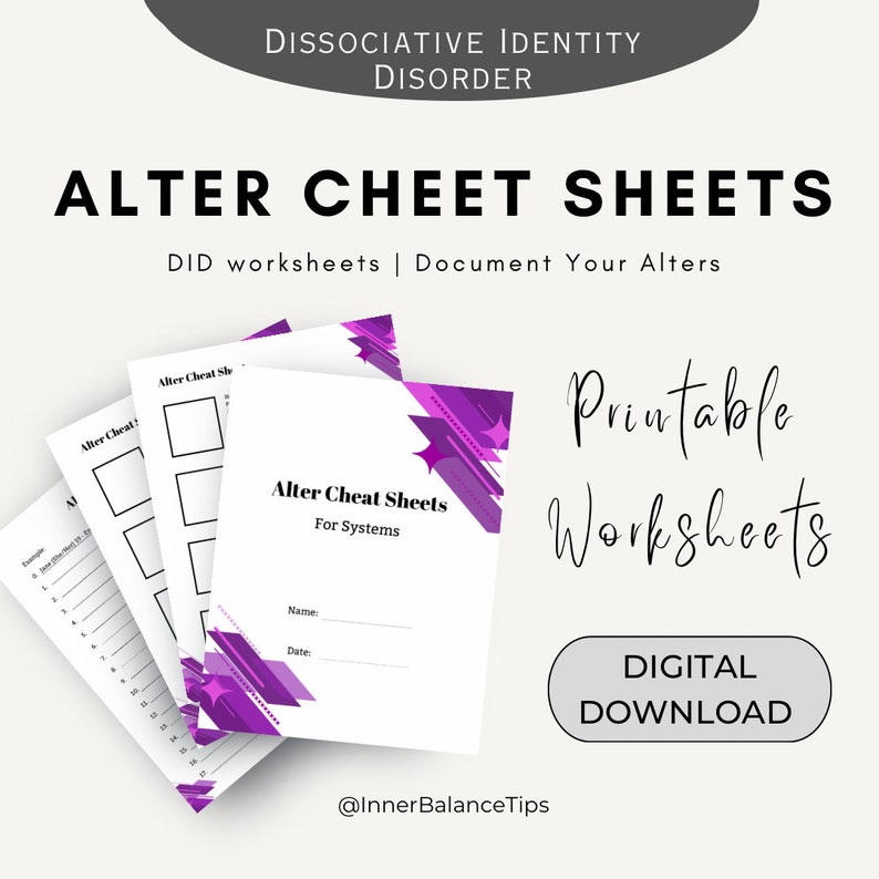 Purple Printable Alter Cheat Sheets for Dissociative Identity Disorder ...