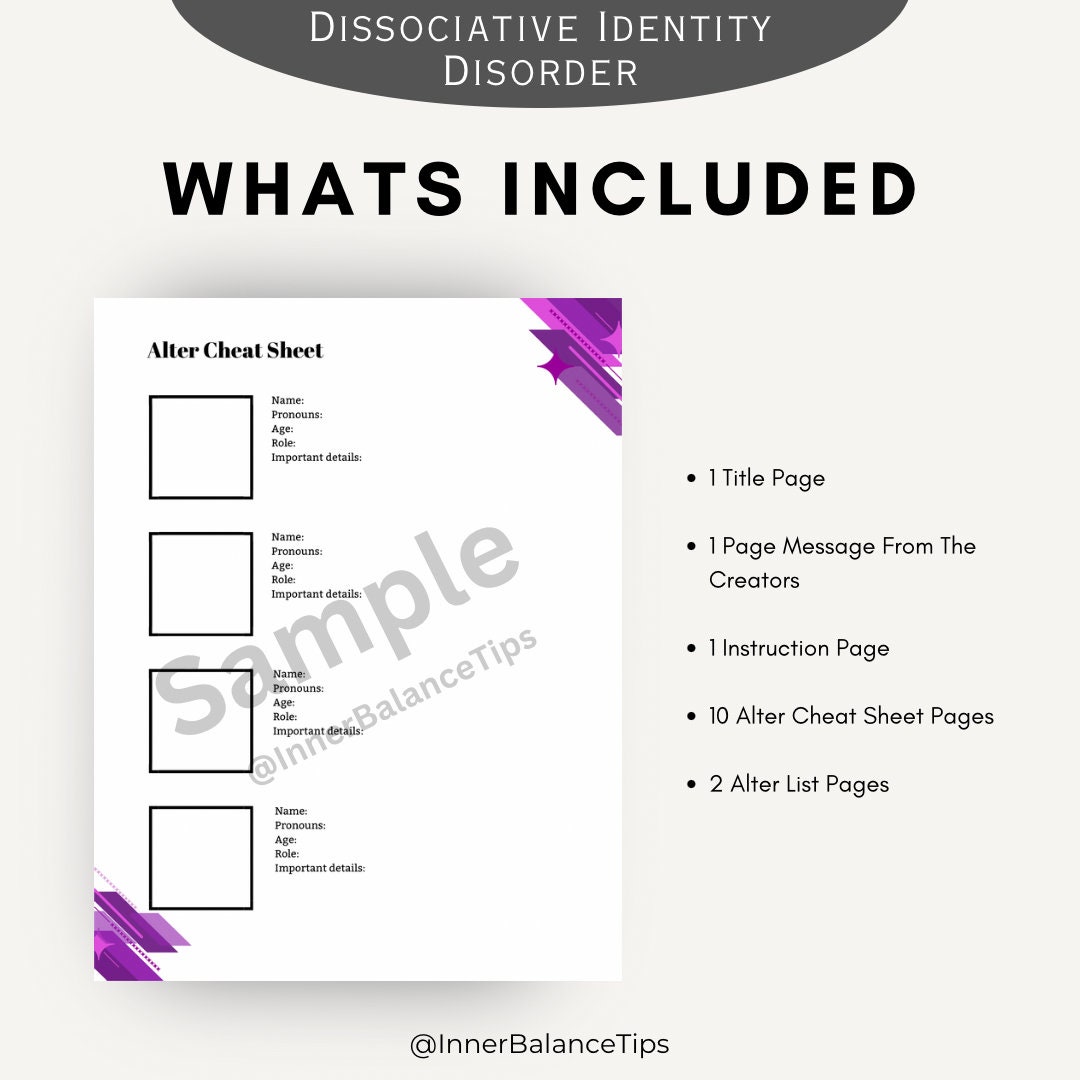 Purple Printable Alter Cheat Sheets for Dissociative Identity Disorder ...