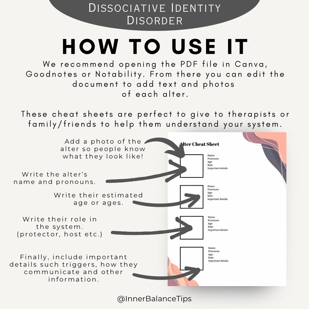 Pink Printable Alter Cheat Sheets for Dissociative Identity Disorder ...