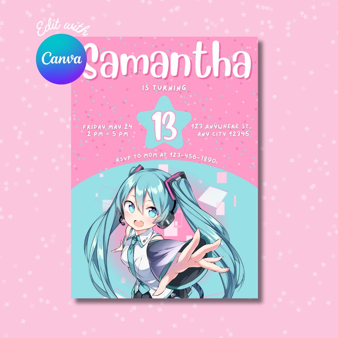 Editable Hatsune Miku Birthday Invitation, Pink Anime Party (canva) - Etsy