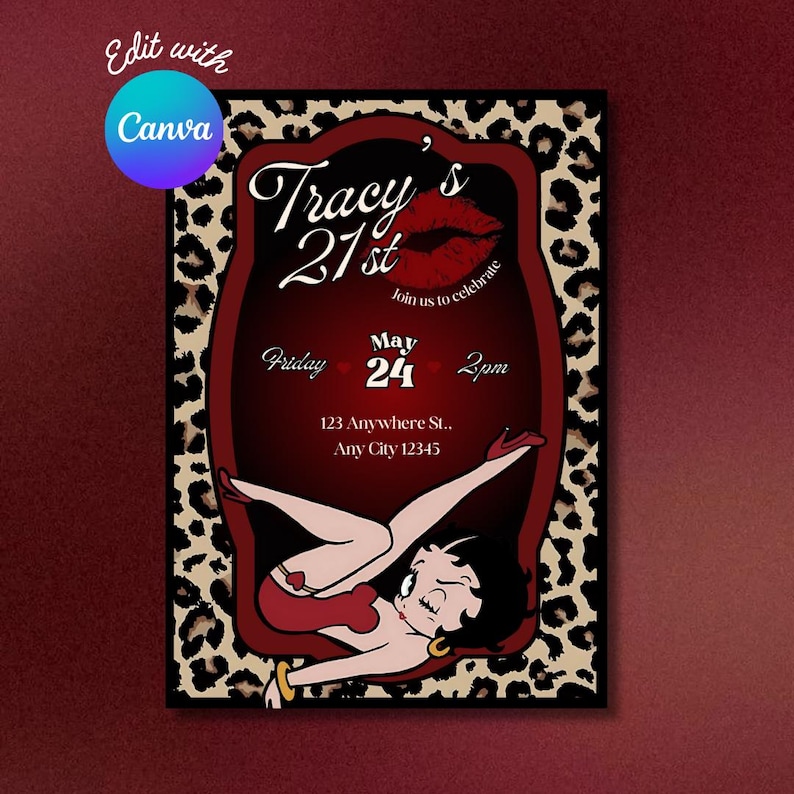 Editable Betty Boop Birthday Invitation, Red Leopard Birthday, Girls ...