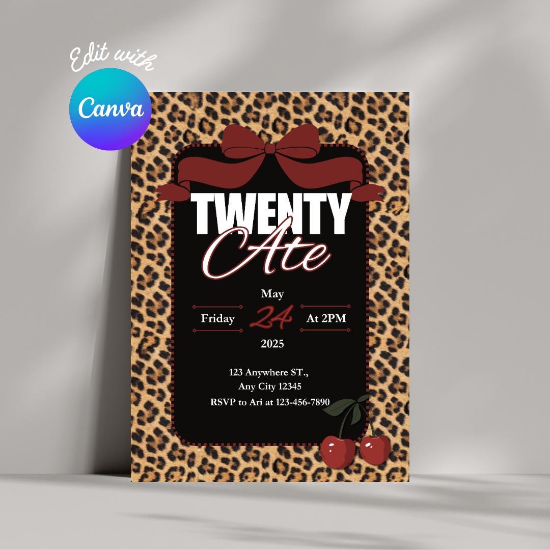 Editable, Twenty Ate Birthday, Red Leopard Print, Twenty Eight Birthday ...