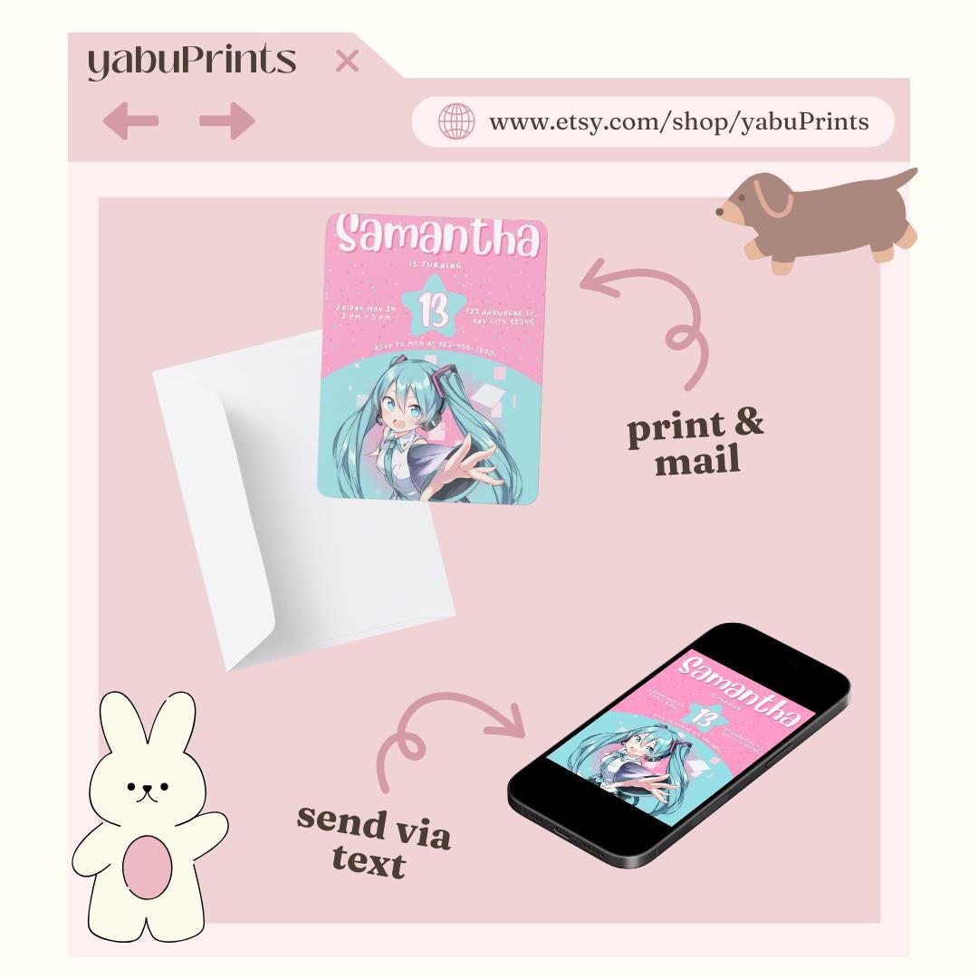Editable Hatsune Miku Birthday Invitation, Pink Anime Party (canva) - Etsy