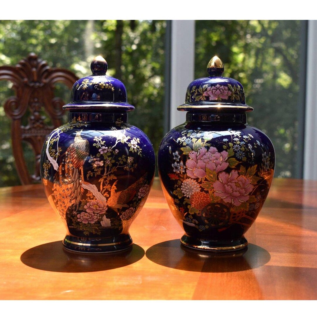 Set of Two Japanese Blue Metallic Ginger Jars - Peacock & Floral, 8.5 ...