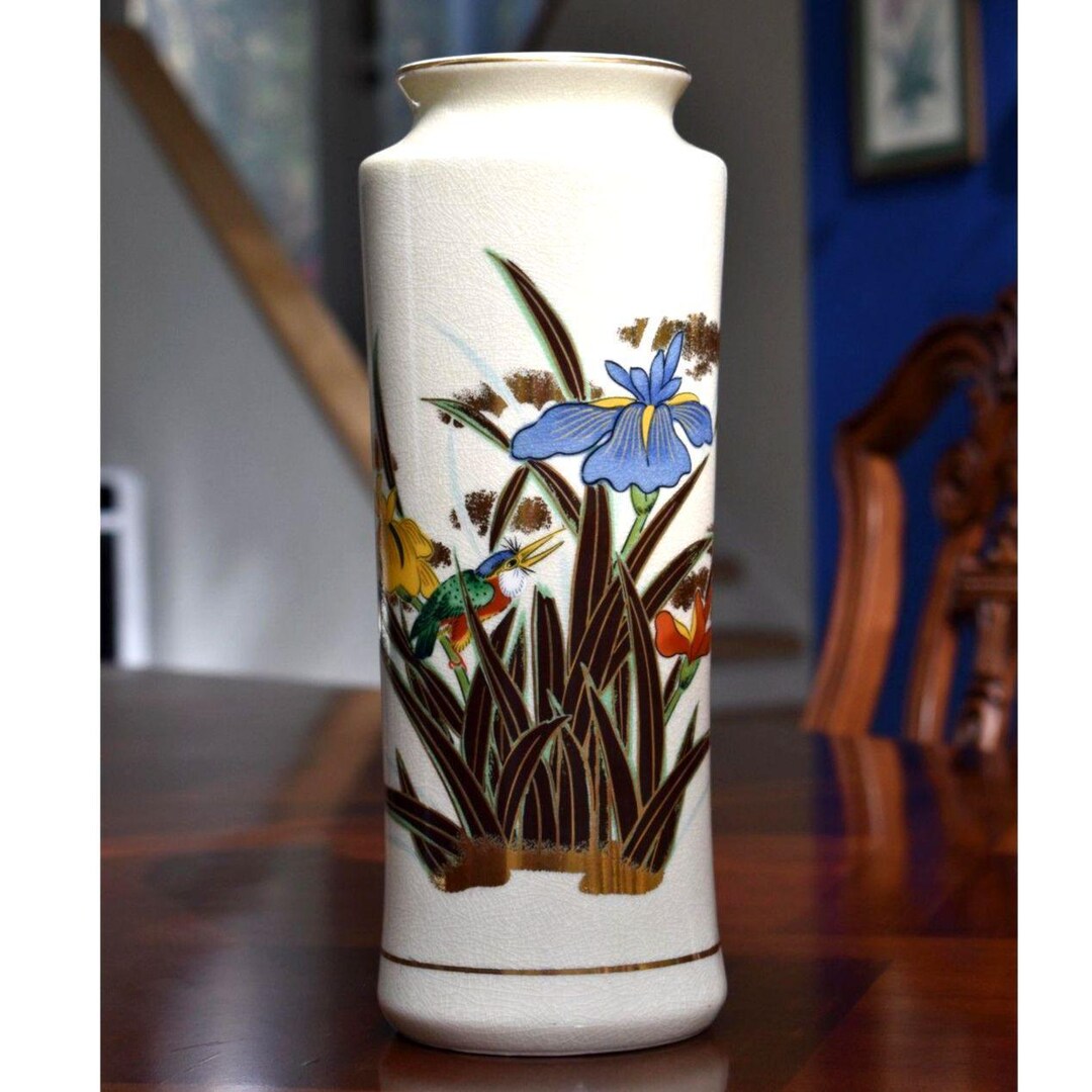 Vintage TOYO Japan Vase - Iris Flowers & Kingfisher Bird, Hand-painted ...