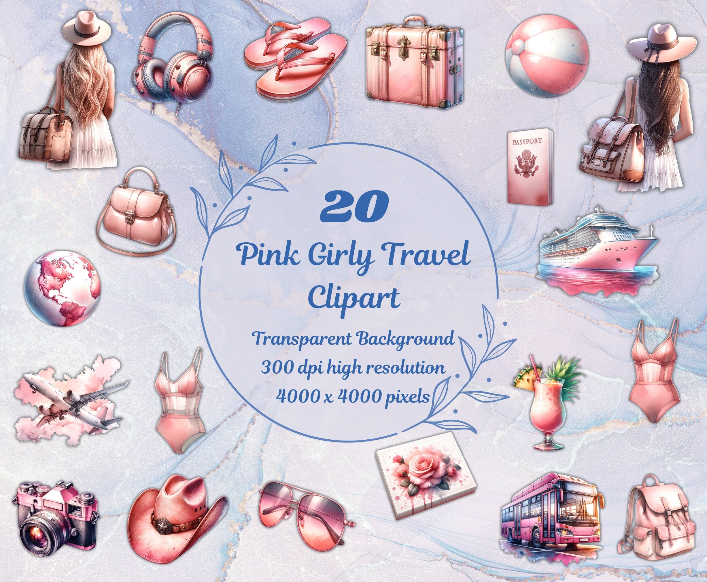 Pink Travel Clip Art, Girly Travel Clipart, Watercolor Traveler Girl ...