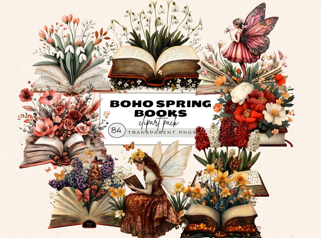 Boho Watercolor Books Digital Clipart, Floral Books Clipart, Open Book ...
