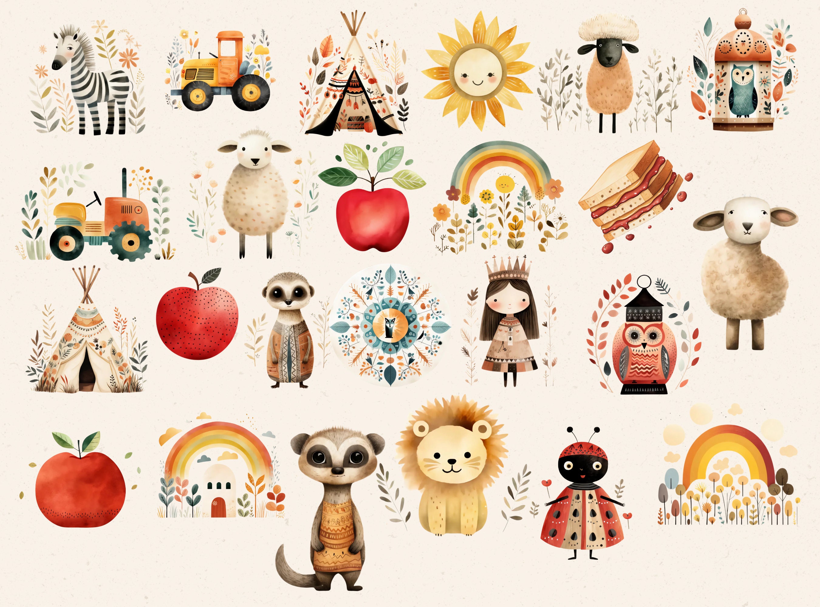 Boho Doodle Clipart, Boho Baby Watercolor Clipart, Nursery Animal Clip ...
