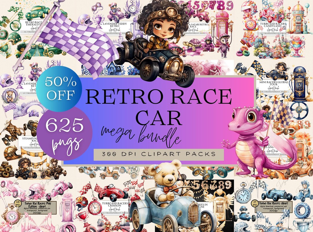 Retro Race Car Clipart, Mega Bundle, Baby Race Car Clipart, Race Car ...