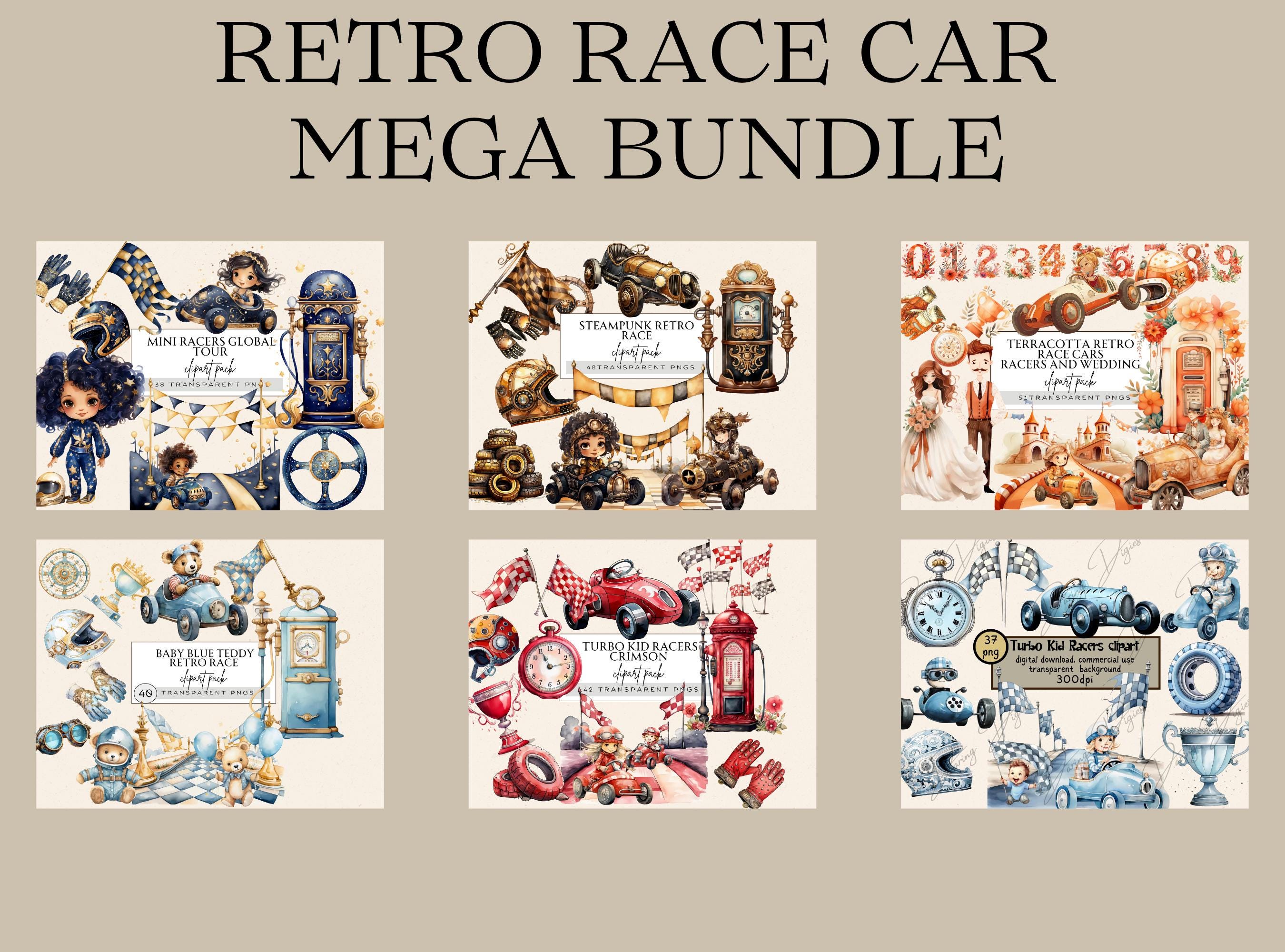 Retro Race Car Clipart, Mega Bundle, Baby Race Car Clipart, Race Car ...