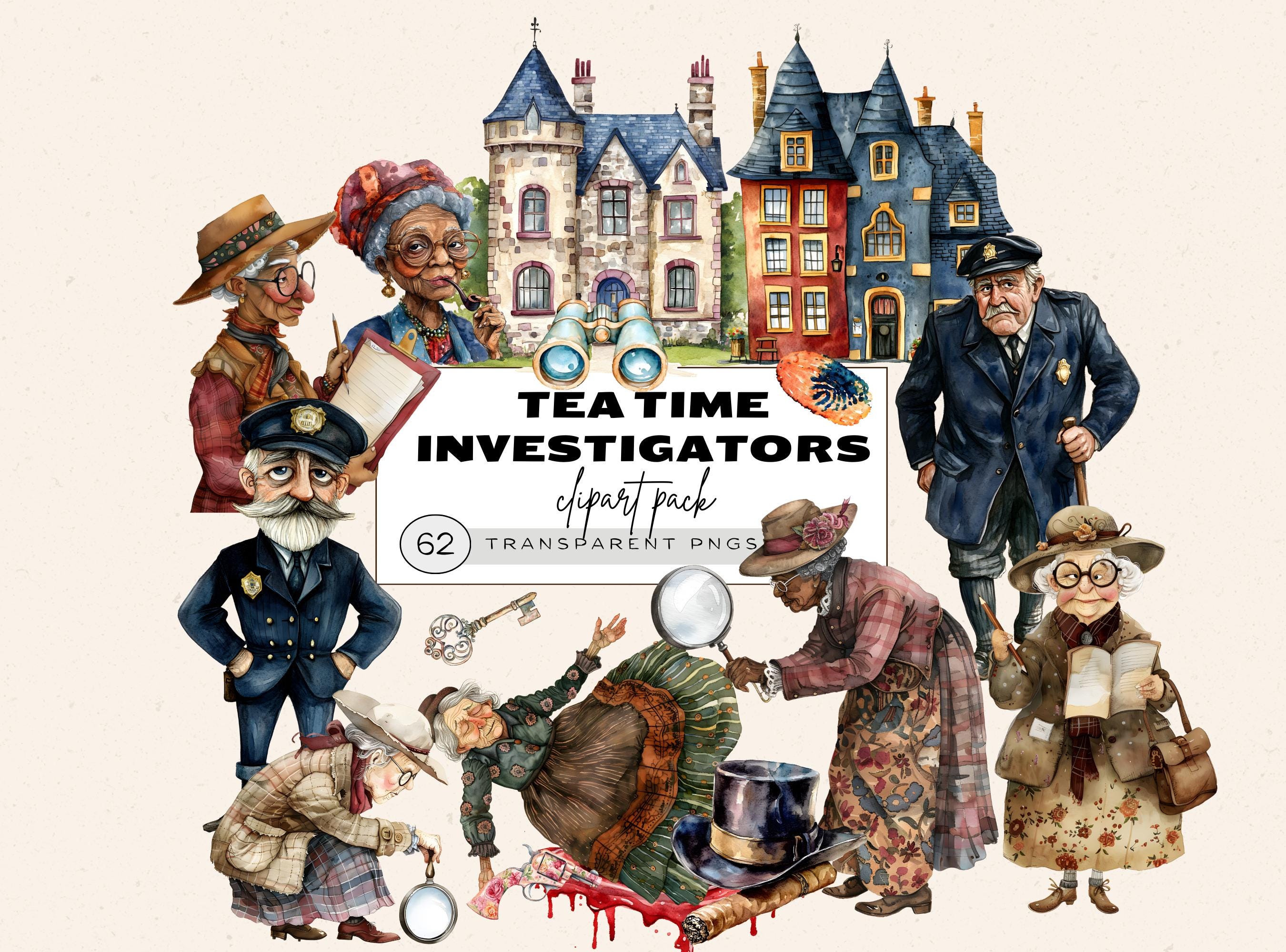 Funny Old Ladies Clipart, Watercolor Clipart Detective, Investigator ...