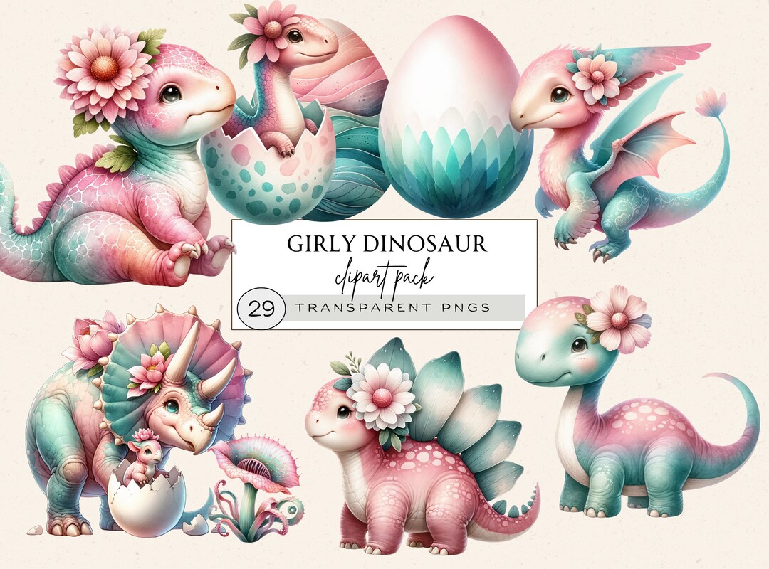 Girly Dinosaur Clipart, Cute Dinosaur Themed Watercolor Clipart ...