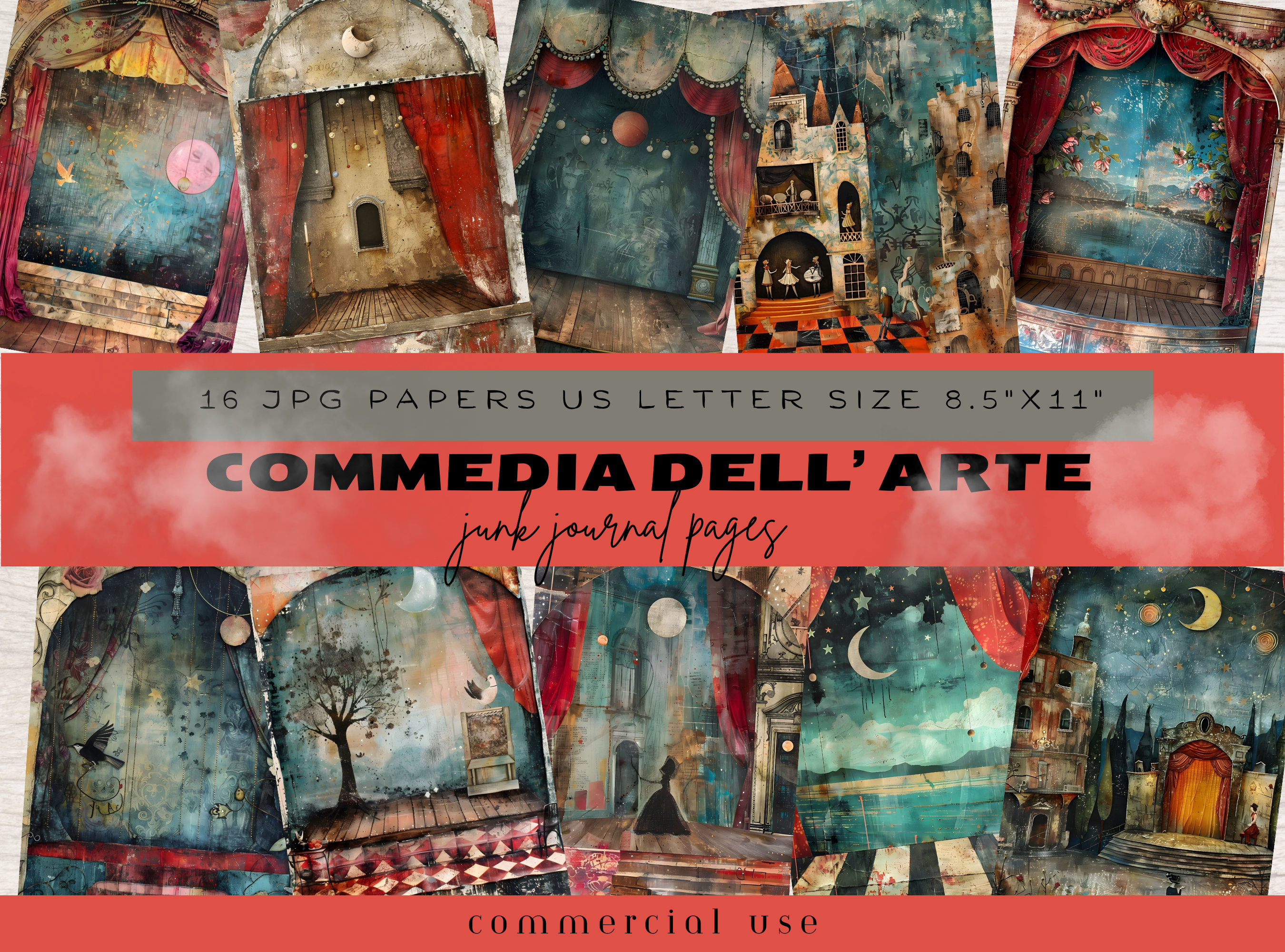 Commedia Dell' Arte Junk Journal Pages, Digital Background, Digital ...