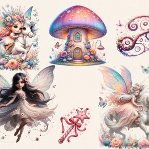 Magical Flower Fairy Garden Clipart, Pink Fairy Garden and Mushroom ...