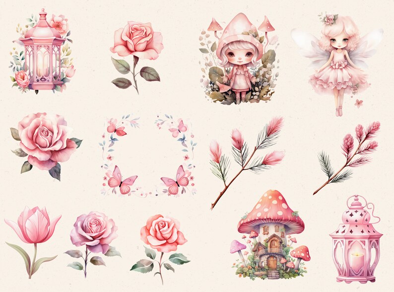Pink Fairy Garden Clipart, Fairy Garden and Mushroom Clipart, Angel ...