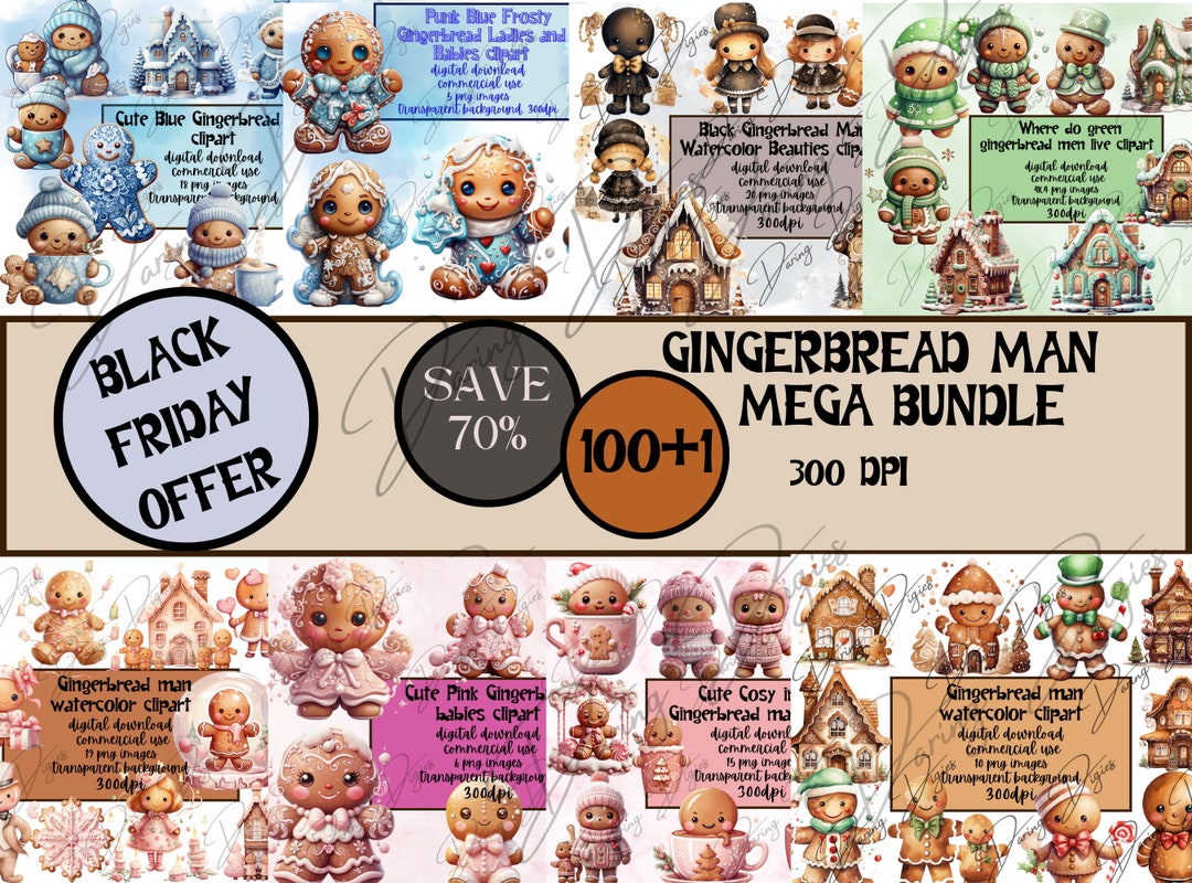 Pastel Gingerbread Clipart, Mega Bundle Pink, Blue, Green, Black and ...