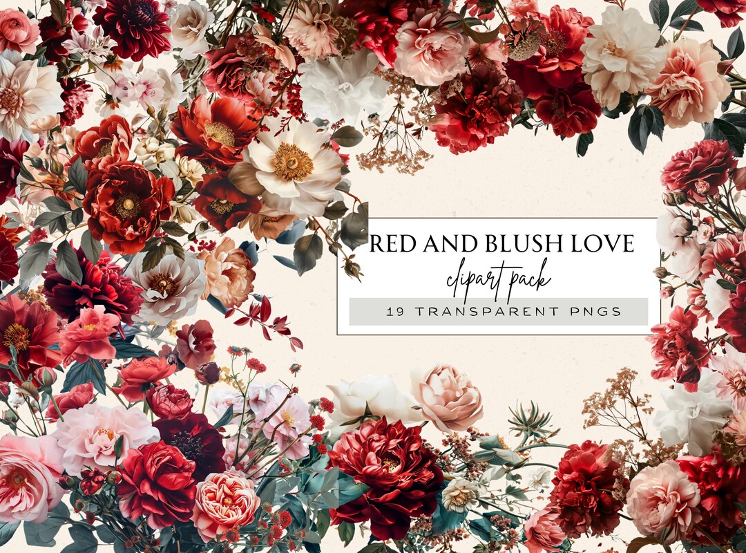 Red and Blush Floral Bouquet Clipart, Dusty Rose Floral Borders Clipart ...