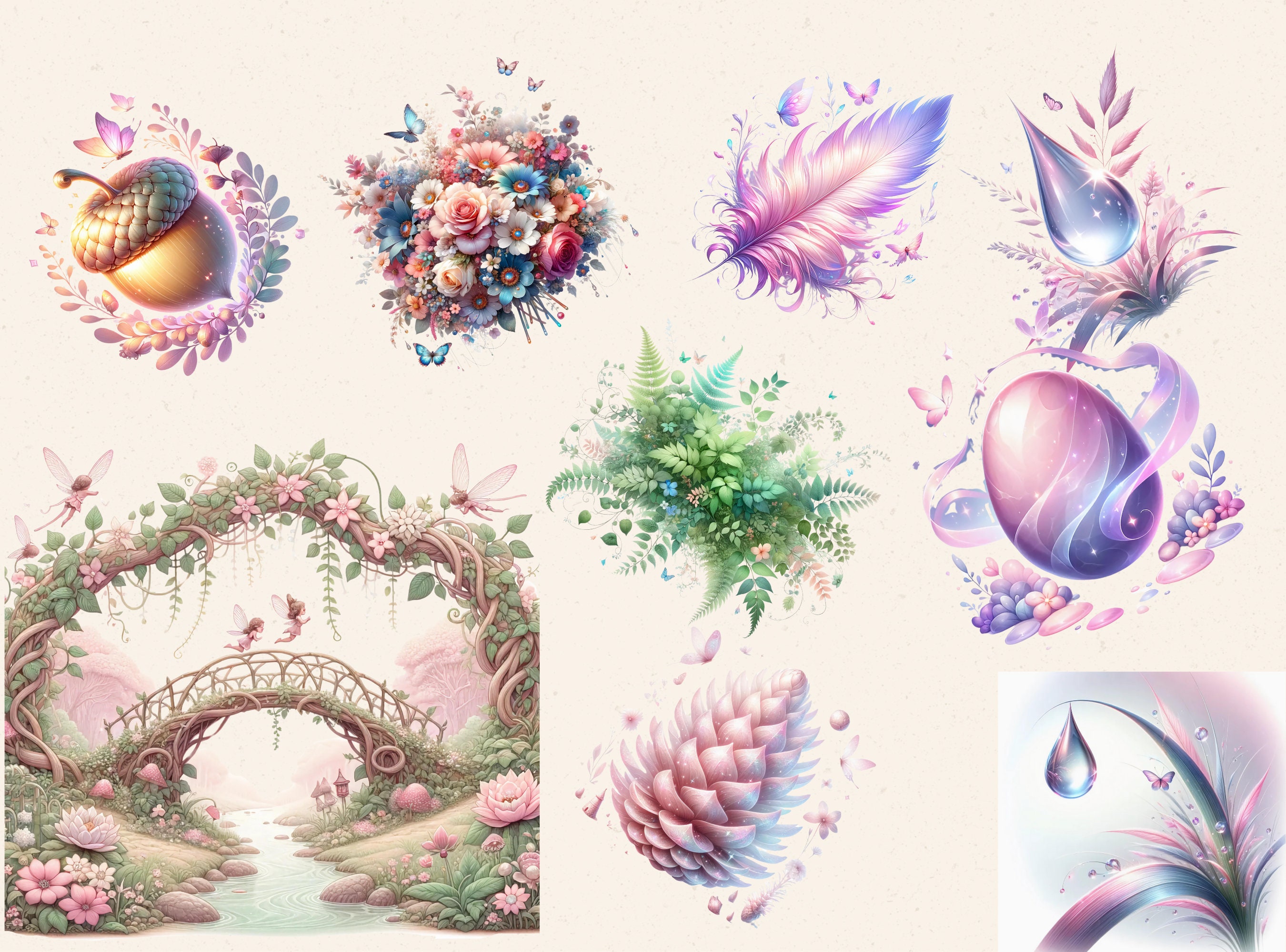 Magical Flower Fairy Garden Clipart, Pink Fairy Garden and Mushroom ...