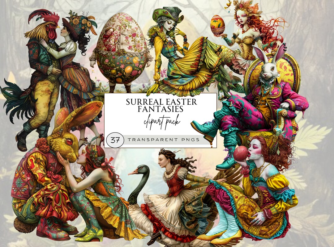 Surreal Clipart, Vintage Easter Bunny Clipart, Whimsical Easter Clipart ...