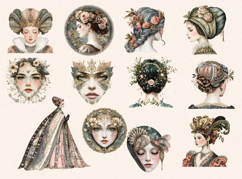 Regency Era Clipart, Surreal Clipart, Sage Green and Pink Clipart ...