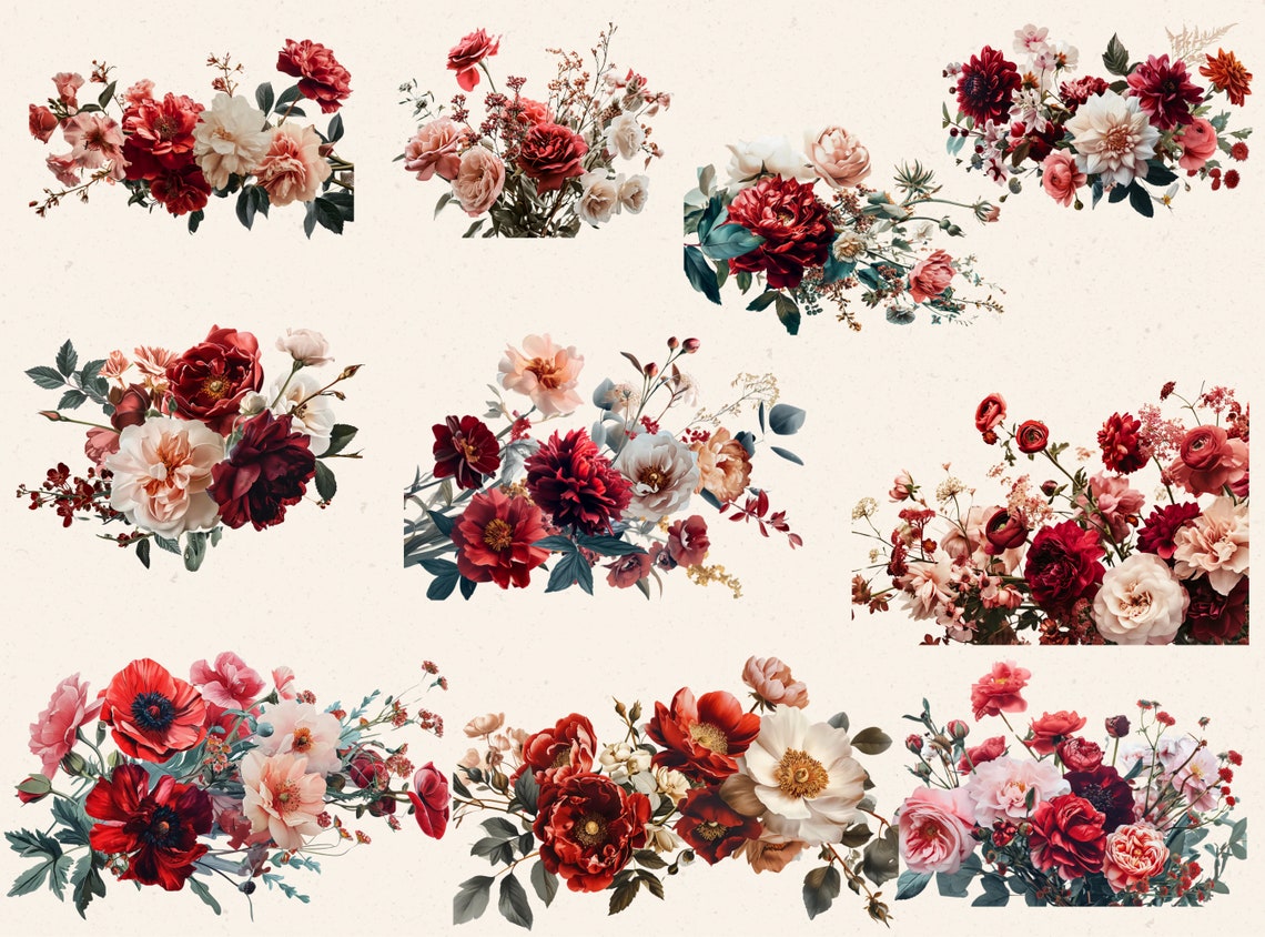 Red and Blush Floral Bouquet Clipart, Dusty Rose Floral Borders Clipart ...