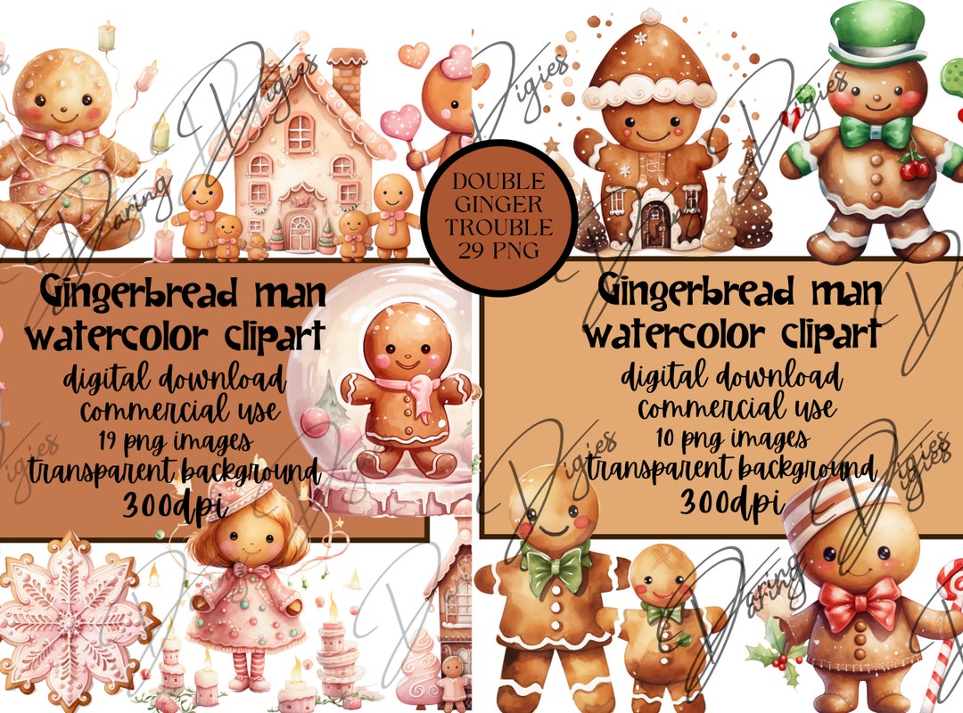 Watercolor Gingerbread Man Clipart, Bundle DOUBLE TROUBLE, Digital ...