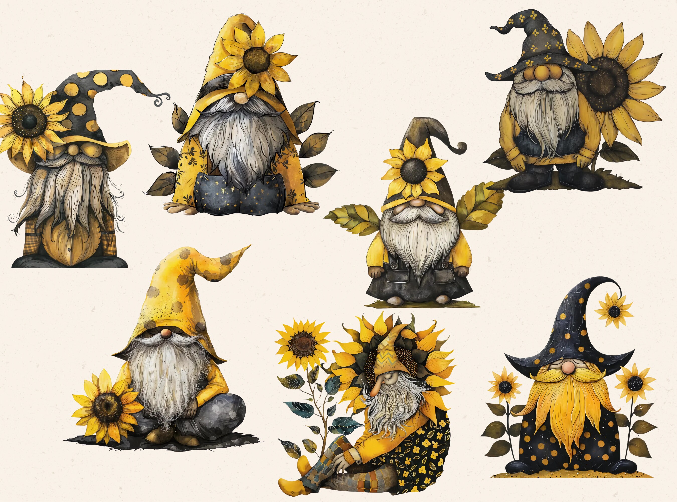 Sunflower Gnome Clipart Bundle, Watercolor Sunflower Gnome Clipart ...